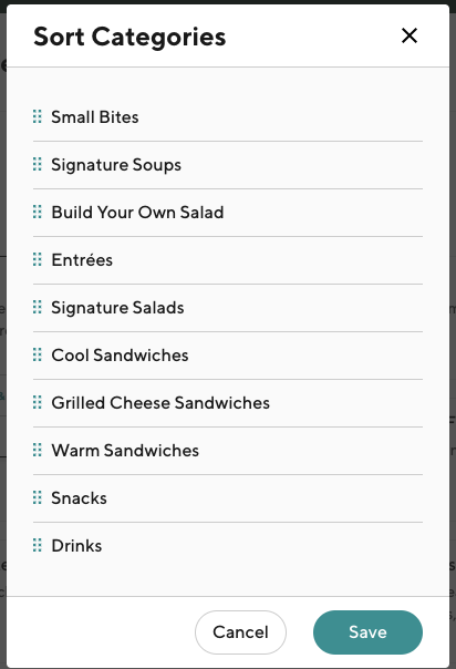 How can I sort categories, items, and modifiers on my menu?