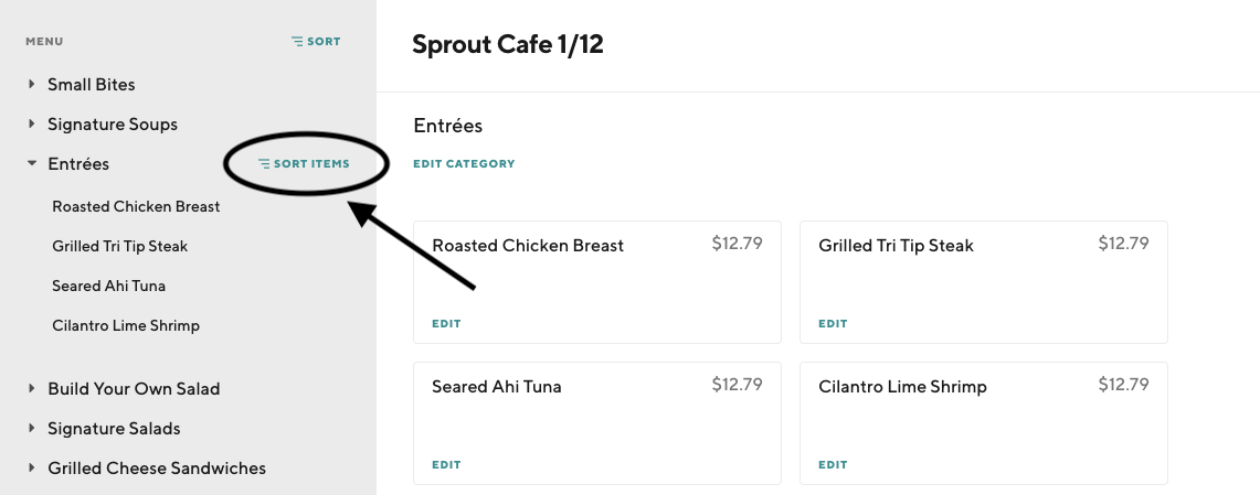 How can I sort categories, items, and modifiers on my menu?