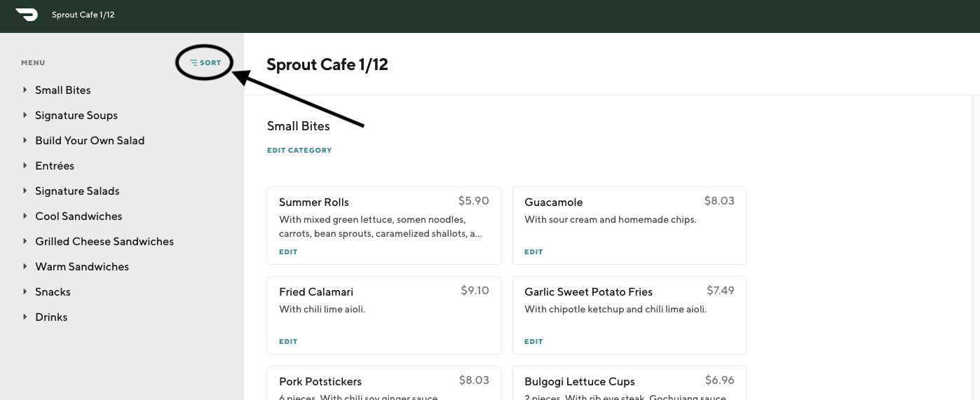 How can I sort categories, items, and modifiers on my menu?