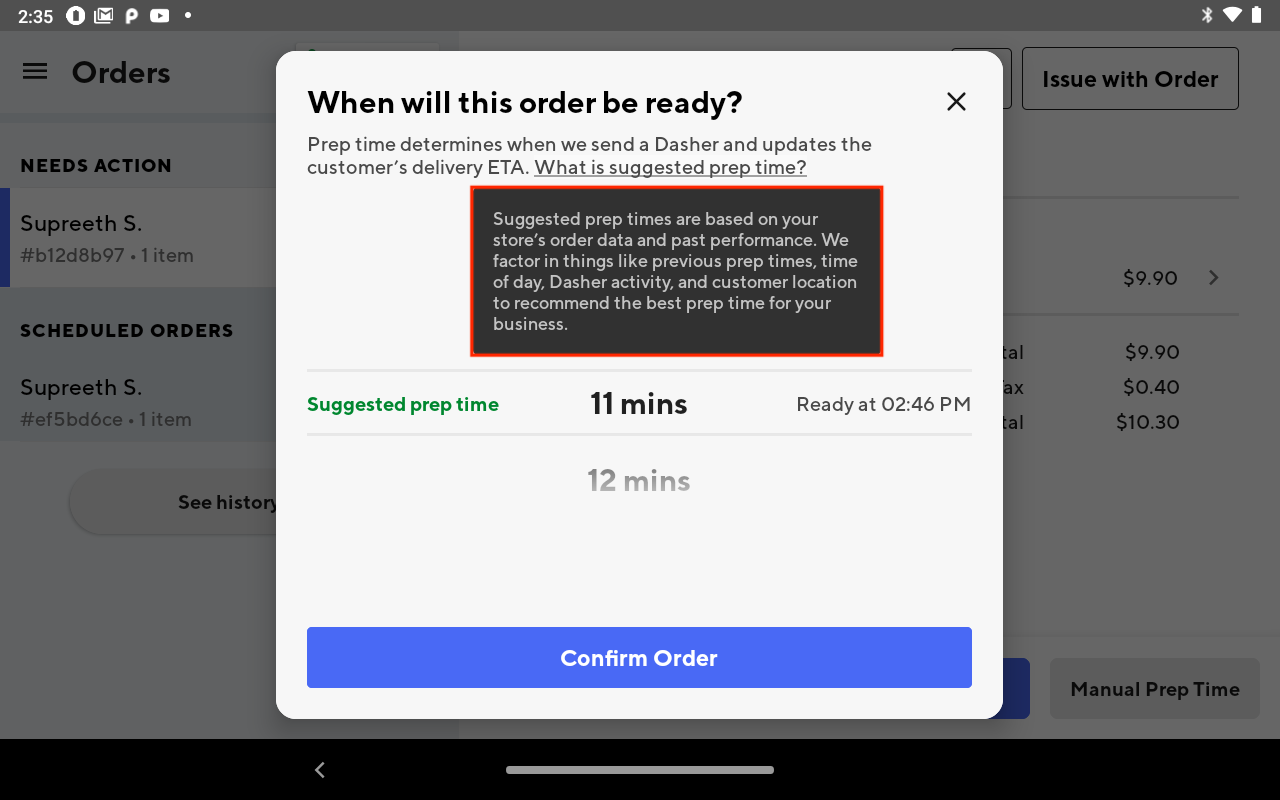 Tablet Suggested Prep Time Feature