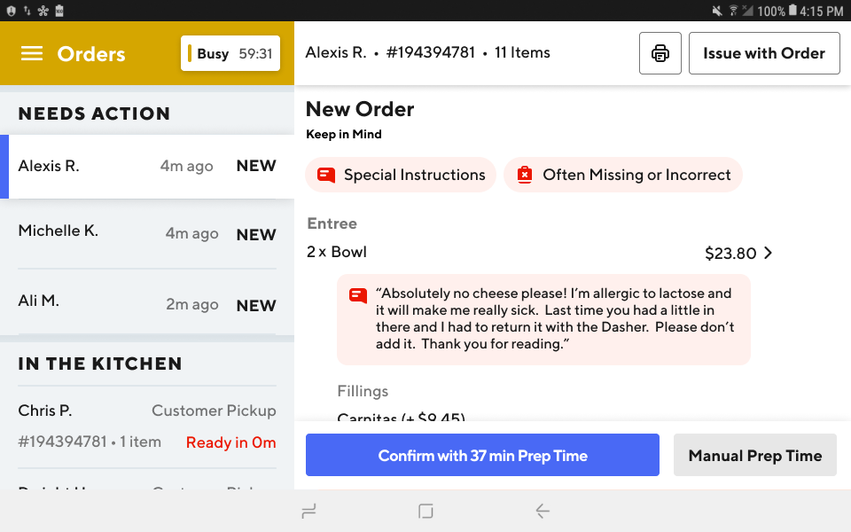 Tablet Suggested Prep Time Feature