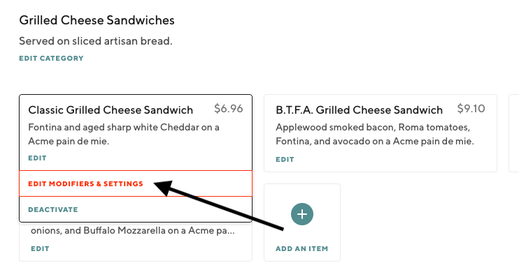 Adding a new modifier to an item on your menu