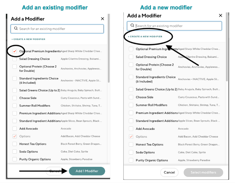 Adding a new modifier to an item on your menu